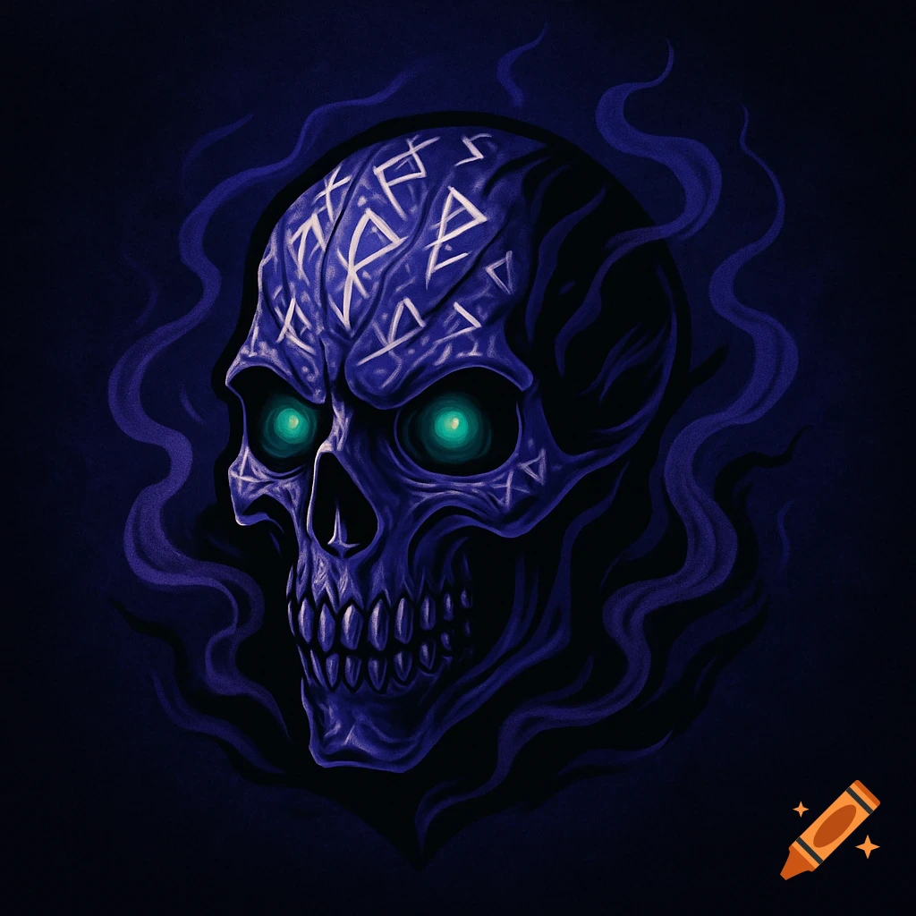 A stylized purple skull with glowing green eyes and white arcane ...
