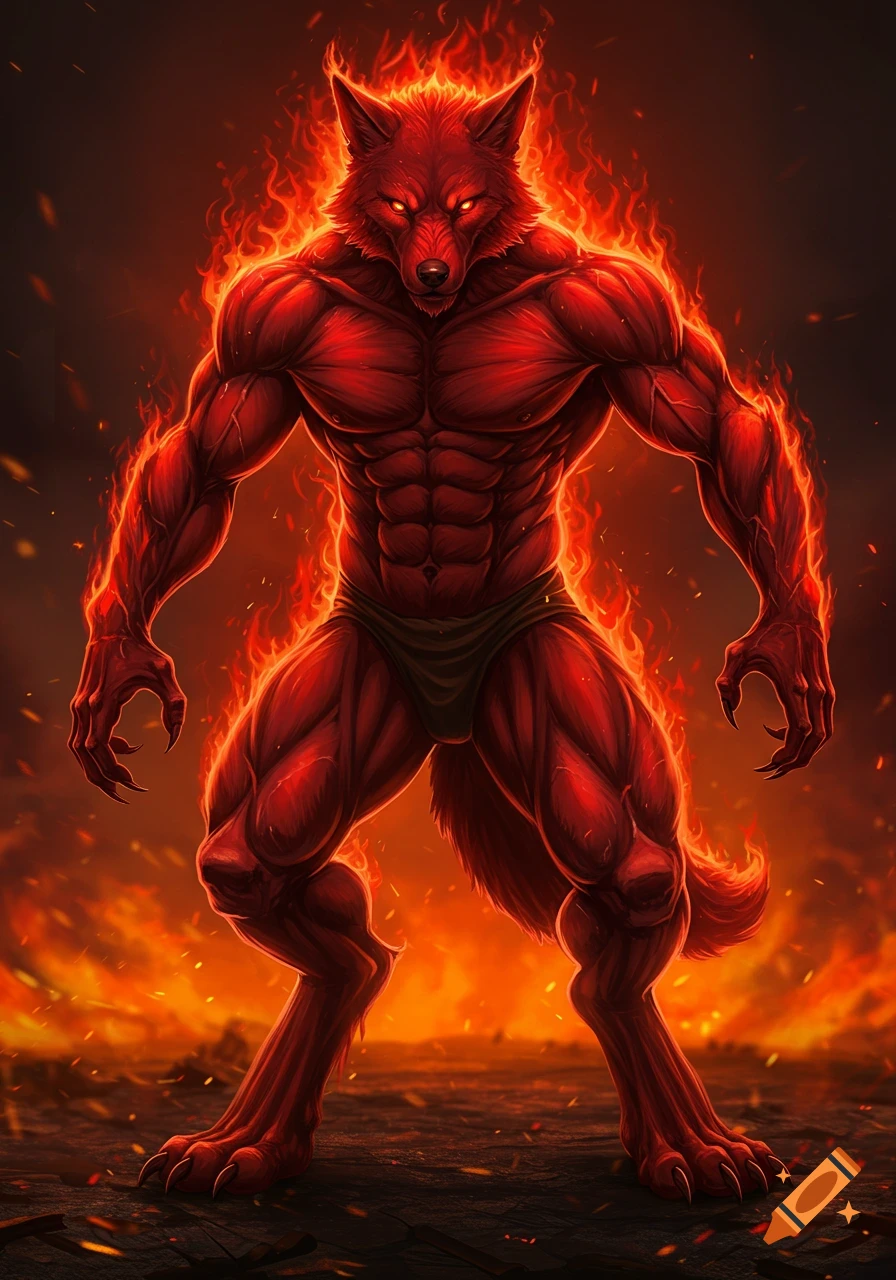A muscular, red humanoid wolf creature with glowing eyes stands amidst ...
