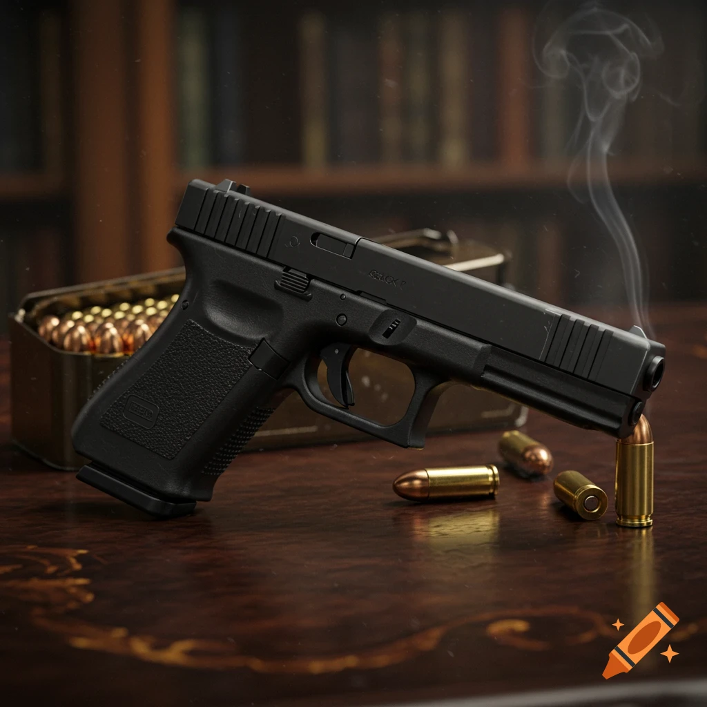 A black Glock 17 pistol rests on a wooden table next to a tin of ...