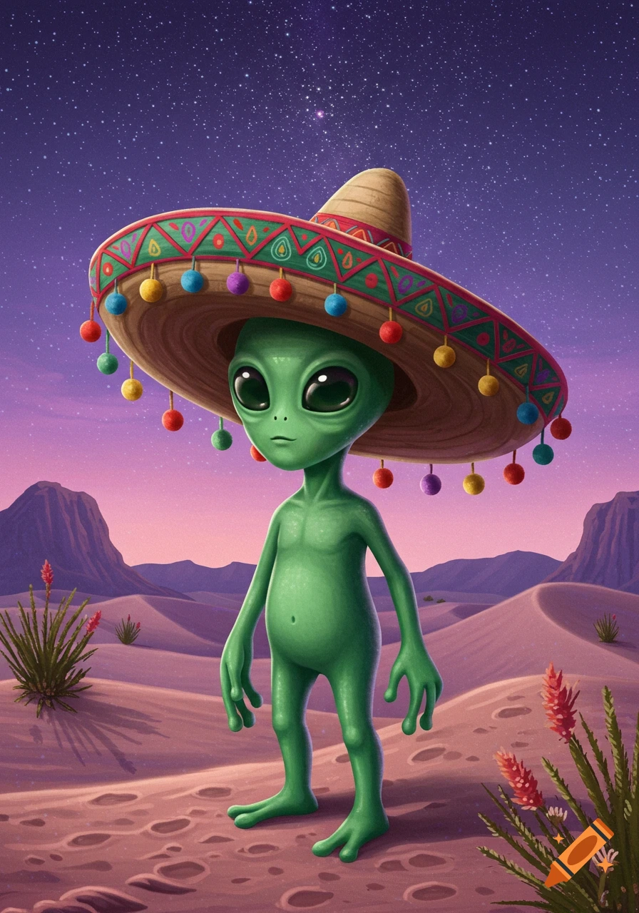 A green alien with large eyes wears a colorful sombrero while standing ...