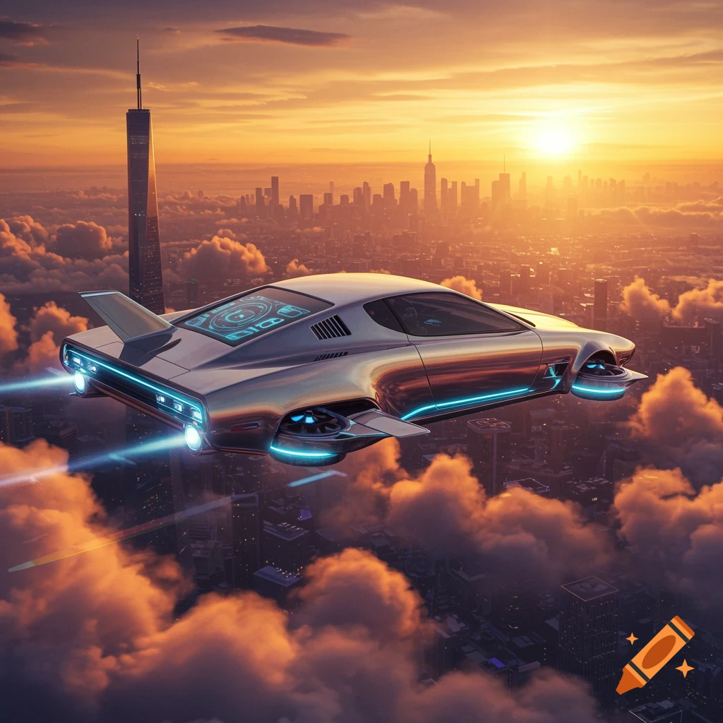 A sleek silver futuristic flying car with blue glowing engines soaring ...
