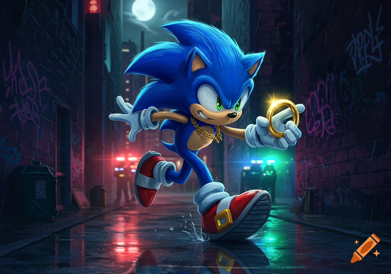 Sonic the Hedgehog stands in a neon-lit futuristic city at night, with ...