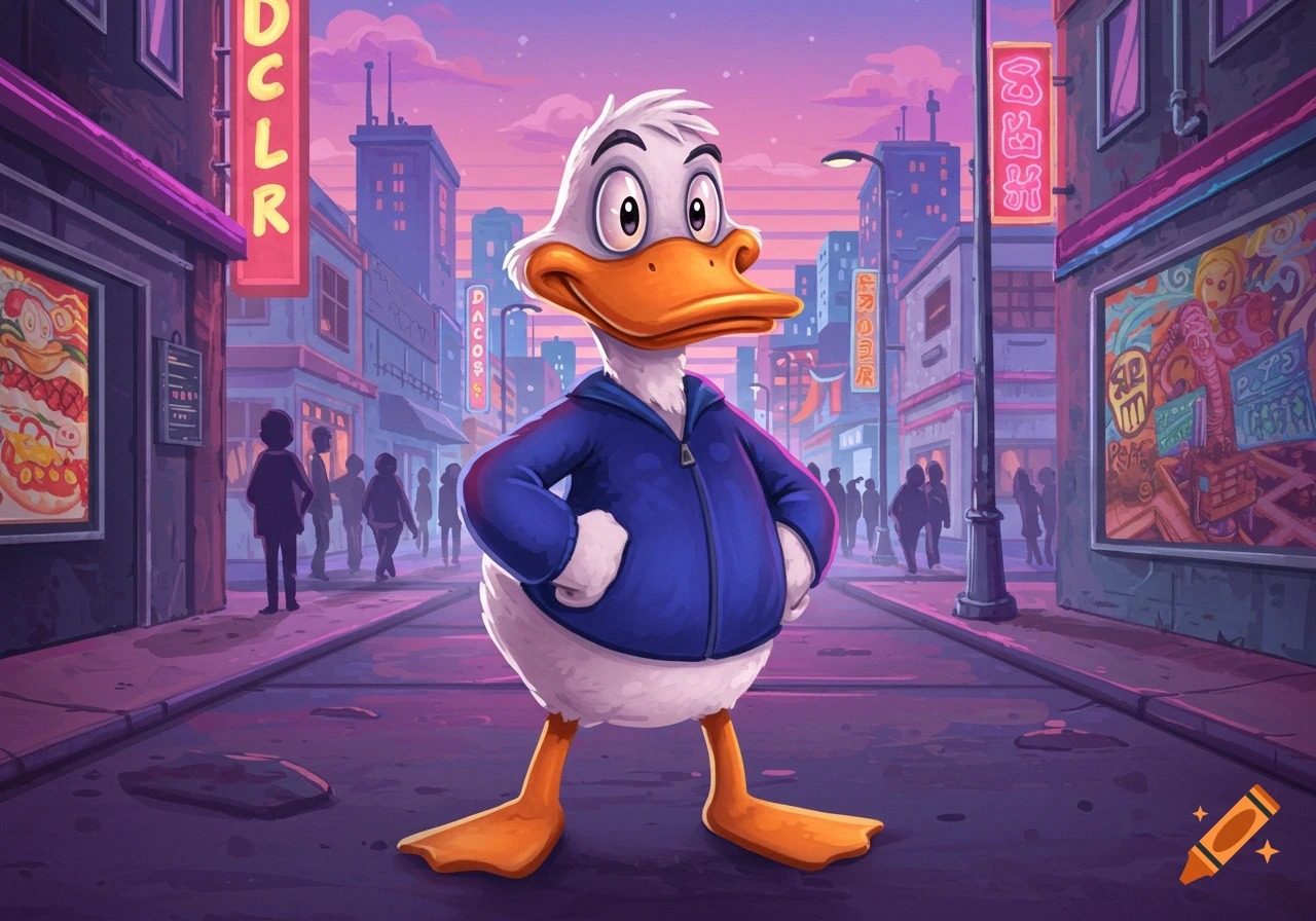 Donald Duck, styled as Forrest Gump, sits on a park bench holding a box ...