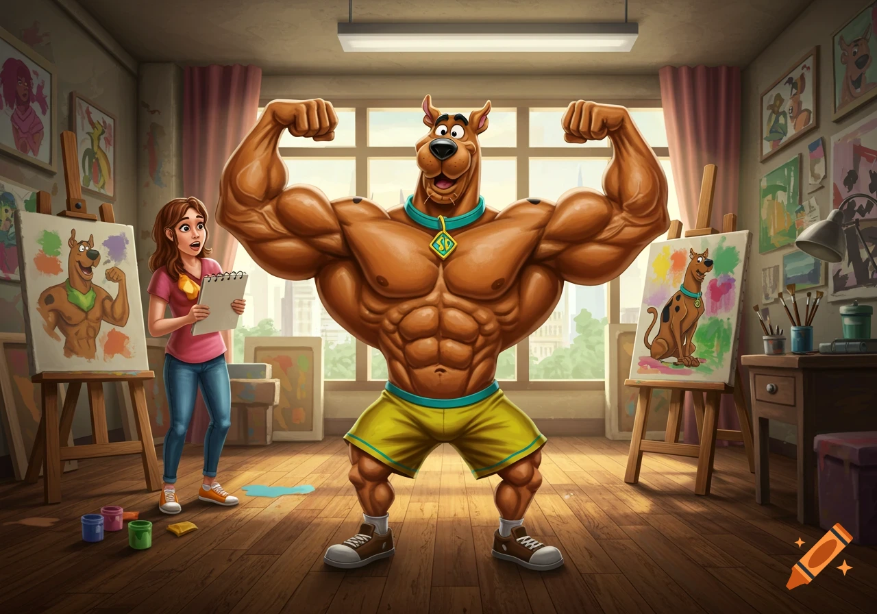A muscular Scooby Doo cartoon character flexes his biceps while posing for a female art student ...