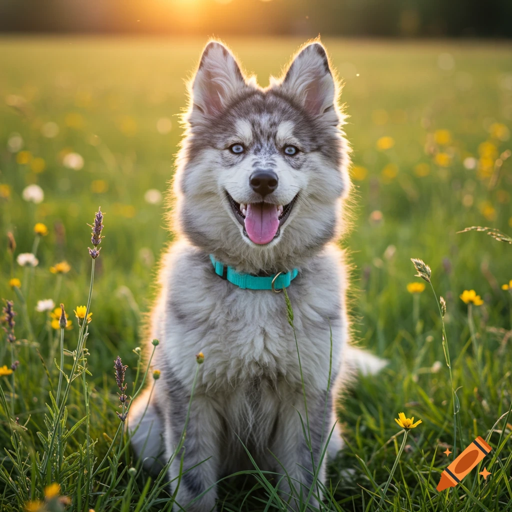 A smiling gray and white Pomsky puppy with blue eyes sits in a sunny ...