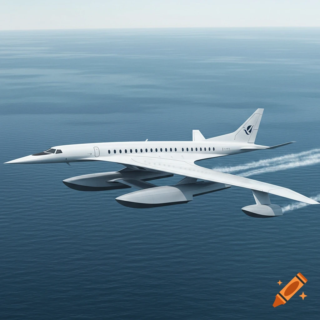 A sleek, white amphibious supersonic aircraft with large hydrofoils ...