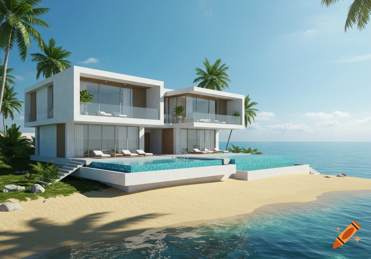 A photorealistic image of a modern white beach house with infinity ...