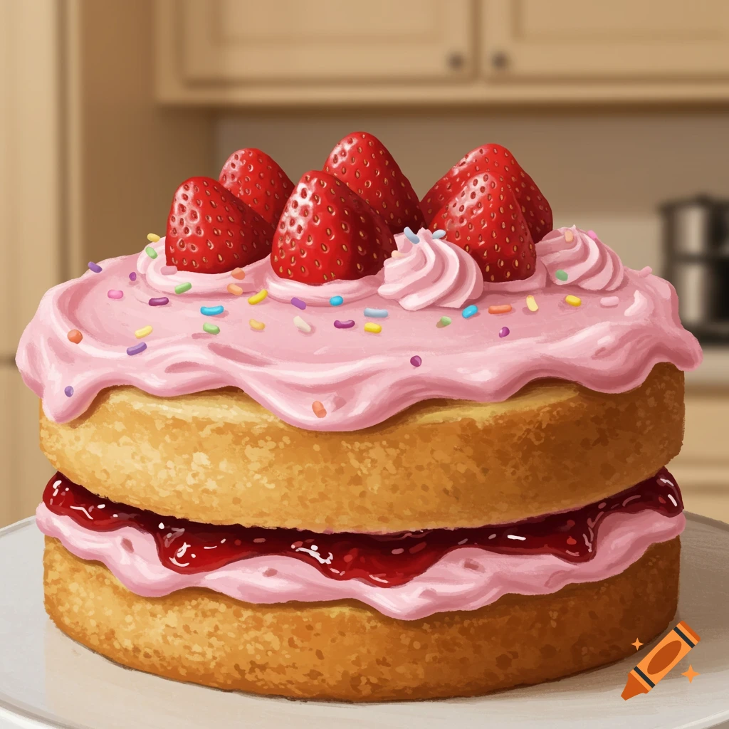 A two-tiered Victoria sponge cake with pink frosting, strawberries, and ...