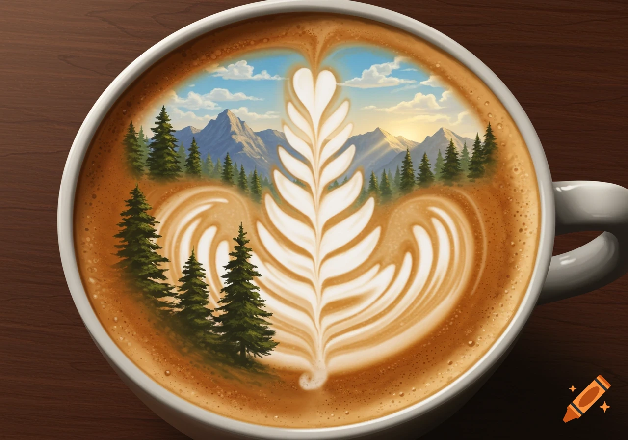 Close-up of a white coffee cup with intricate latte art, steam, and scattered coffee beans on a ...