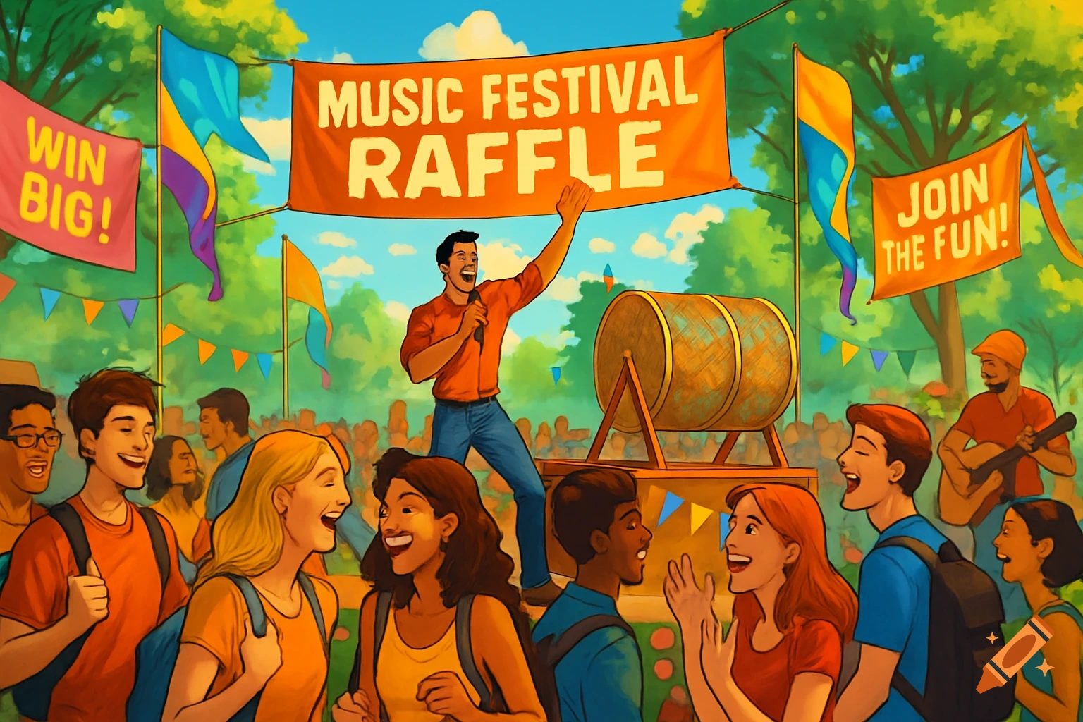 Colorful cartoon illustration of a lively outdoor music festival raffle ...