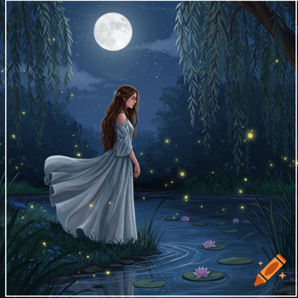 Red-haired woman in a constellation dress stands in a dark, magical ...