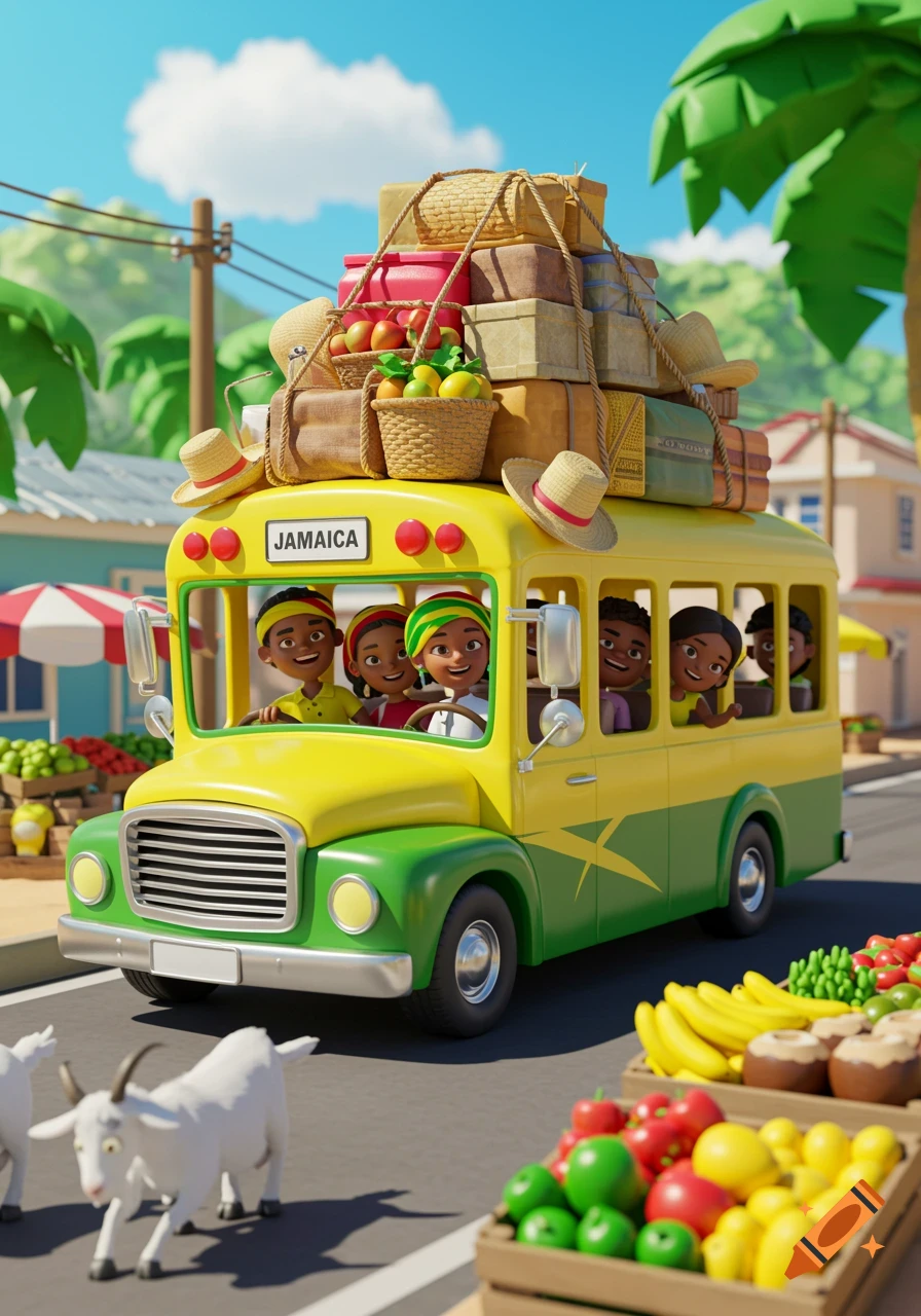 A vibrant 3D cartoon of a yellow and green Jamaican bus, overloaded ...
