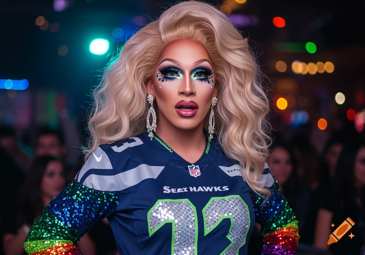 A drag queen with blonde hair, theatrical makeup, and a sequined ...