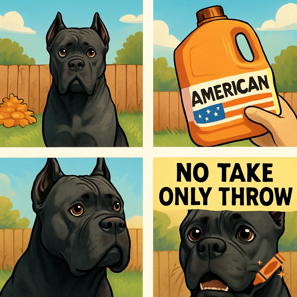 A four-panel cartoon meme features a black Cane Corso. It shows the dog ...