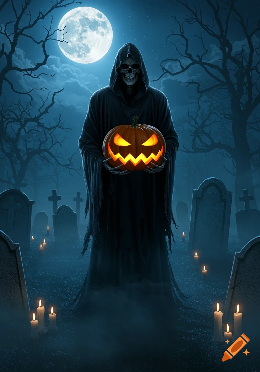 A grim reaper fishes for glowing jack-o'-lanterns in a spooky pond ...