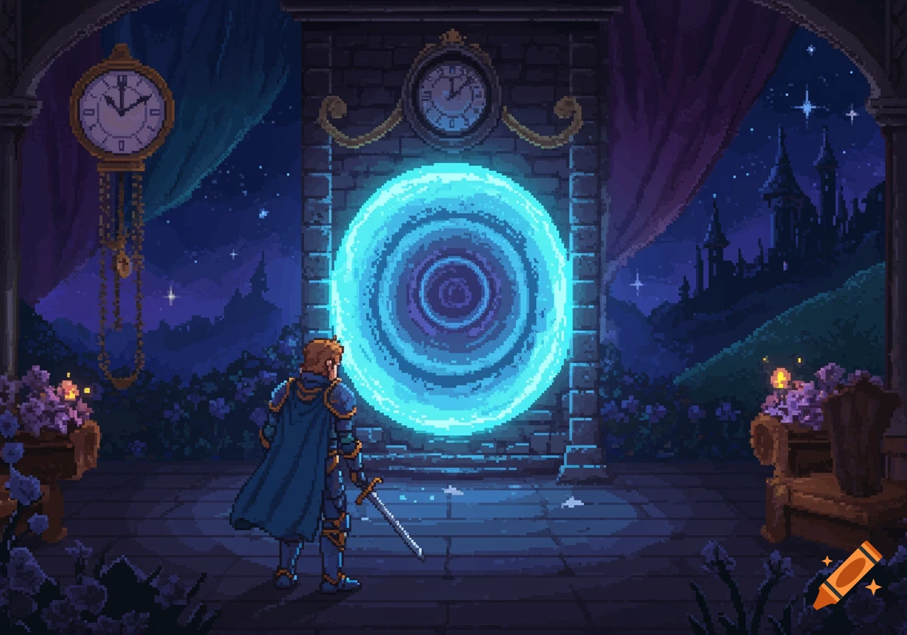 A pixel art image of a magical forest stump with glowing blue and pink ...