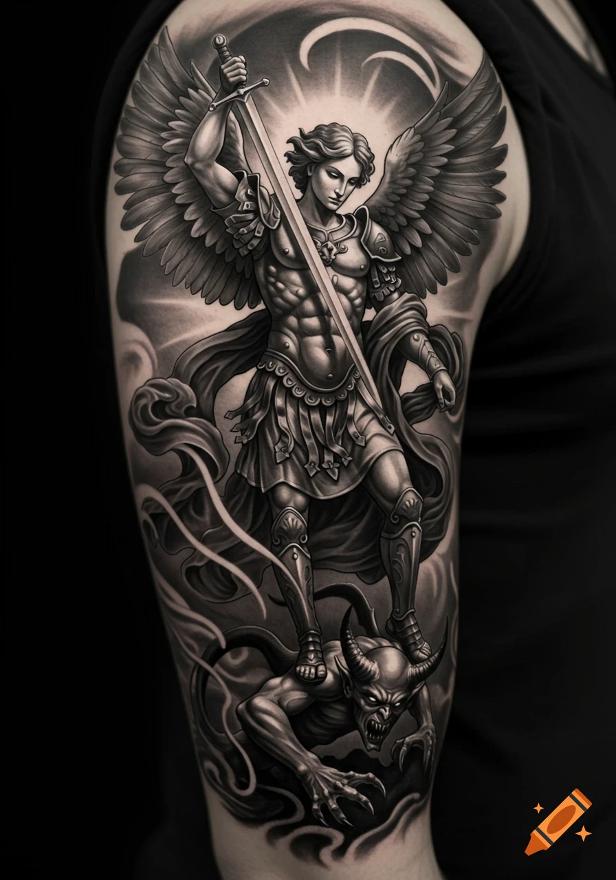 Greyscale tattoo on an arm depicting Saint Michael in armor, wings ...