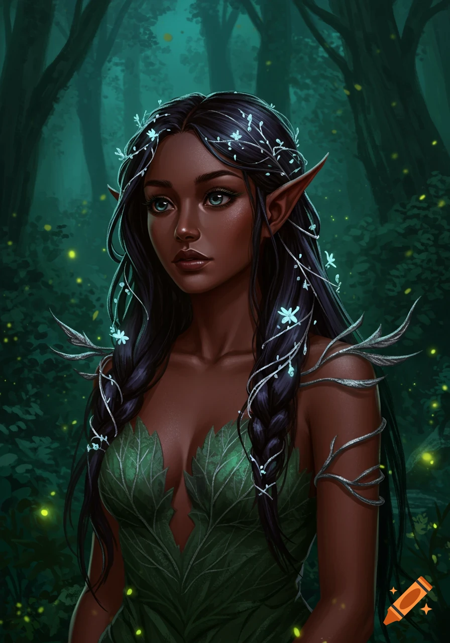 A digital painting of a dark-skinned elf girl with long braided hair adorned with glowing vines ...