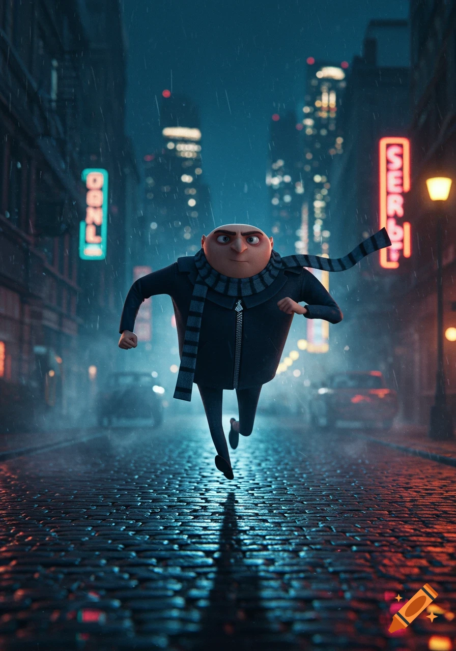 Gru from Despicable Me points at a large explosion in a ruined ...