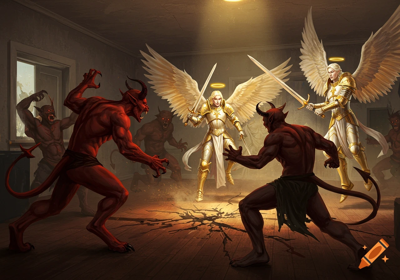 Three angelic warriors in golden armor battle three red demons with ...