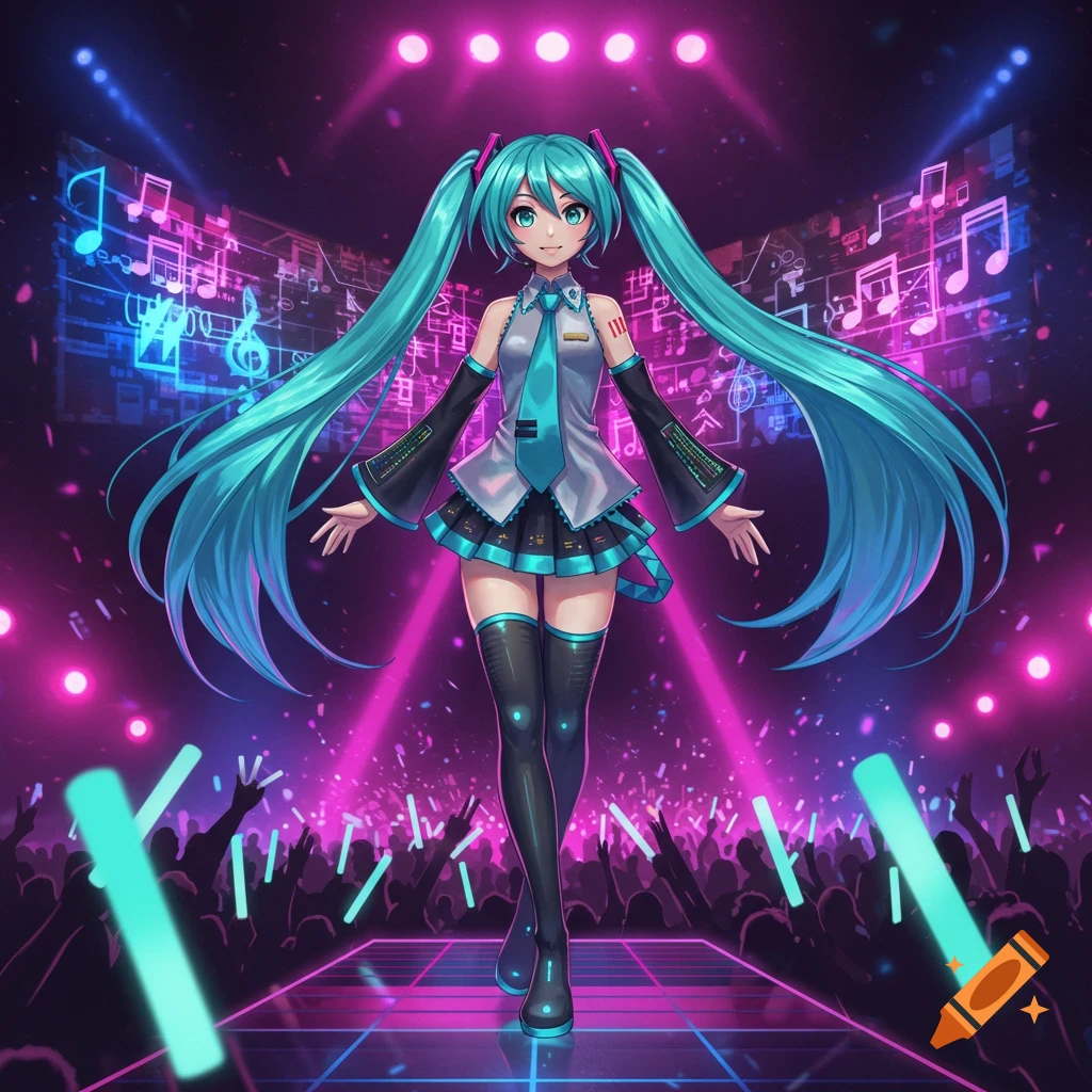 Hatsune Miku, an anime virtual idol, poses on a vibrant concert stage ...