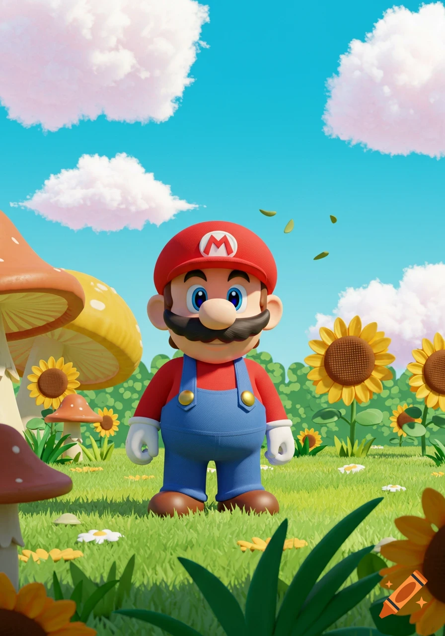 Mario happily jumps through a bright blue sky filled with fluffy white ...