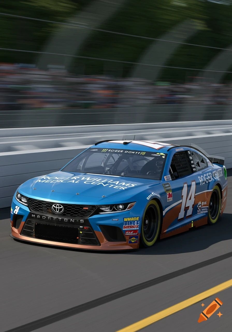 A blue and orange NASCAR race car with the number 14 speeds around a ...