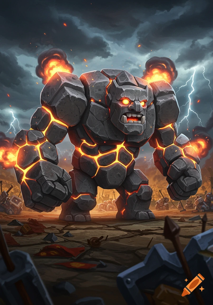 A powerful rock golem with glowing purple cracks and glowing eyes ...