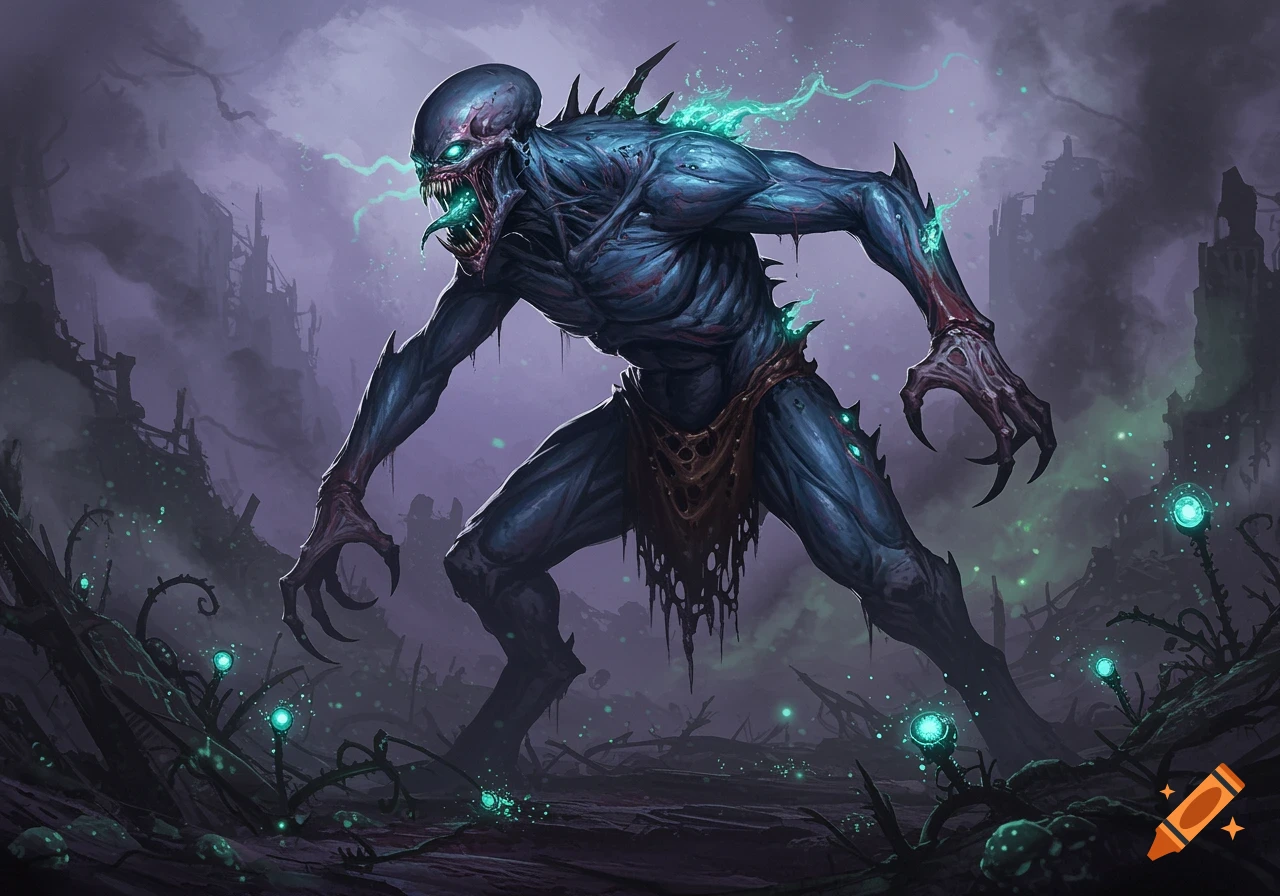 A muscular, blue-skinned alien monster with glowing green eyes and ...