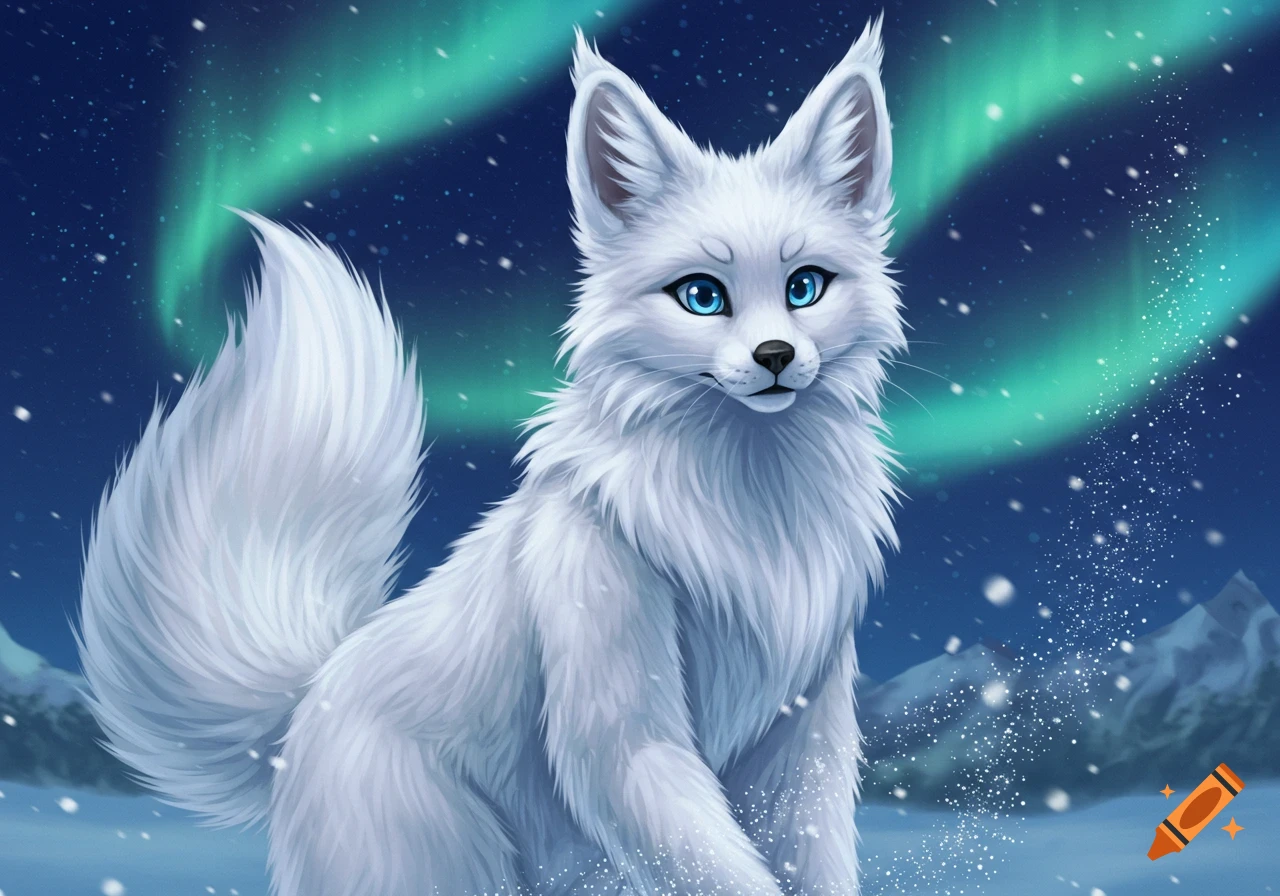 A fluffy white arctic fox with bright blue eyes sits in a snowy ...