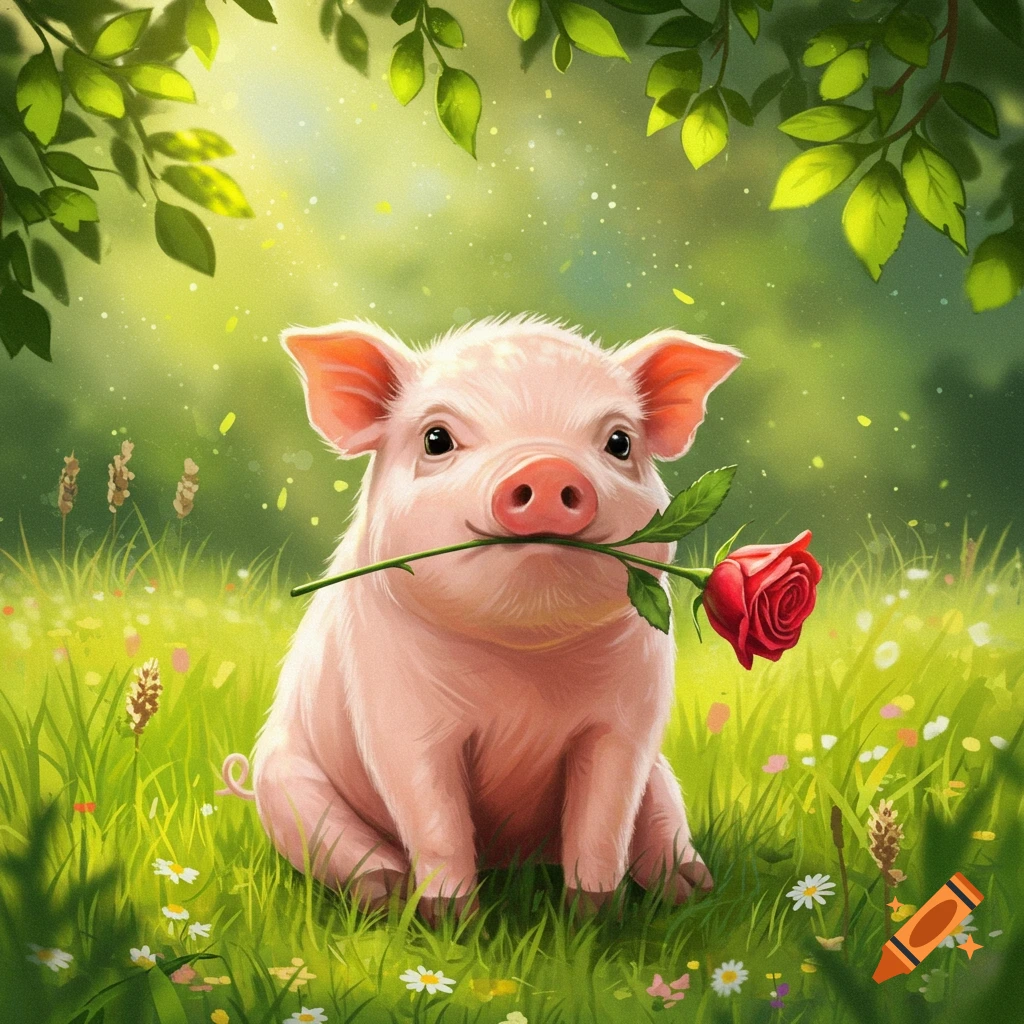 A cute pink piglet sits in a grassy field, holding a red rose in its ...