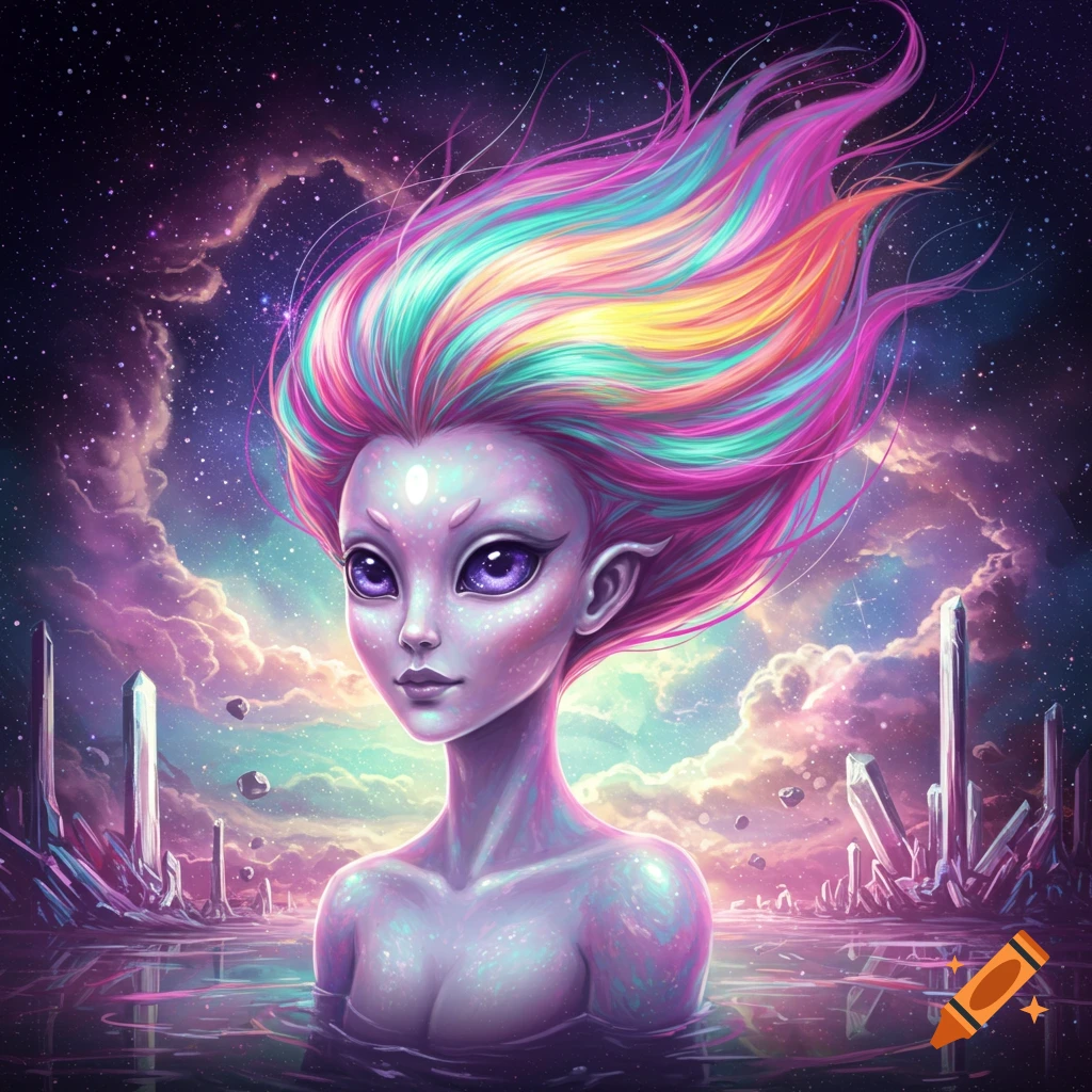 A vibrant alien creature with flowing rainbow hair and purple skin emerging from water ...