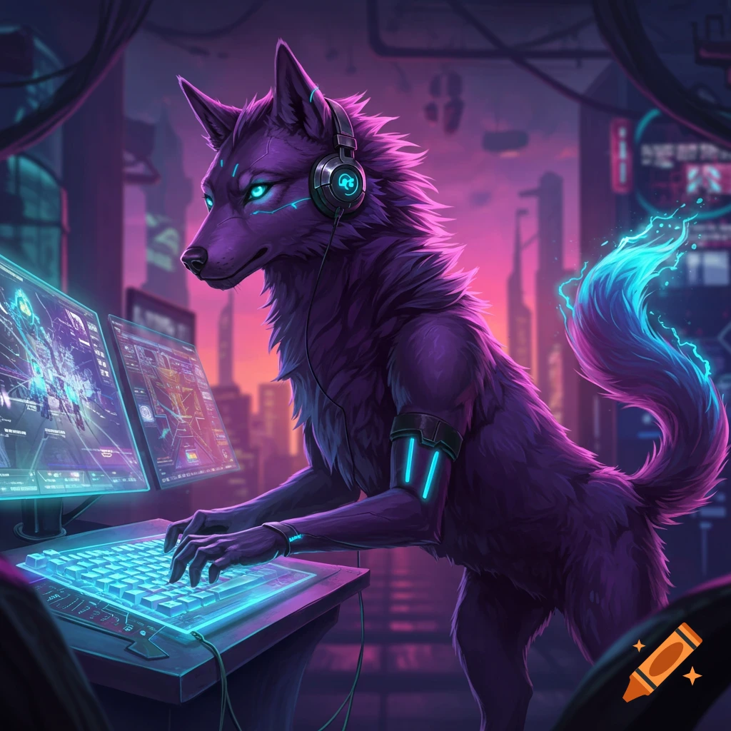 A purple wolf with glowing eyes and headphones types on a neon keyboard ...