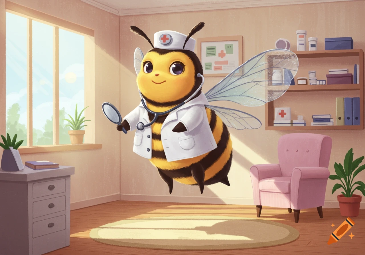 A cute, fluffy cartoon bee wearing a white doctor's outfit with a ...