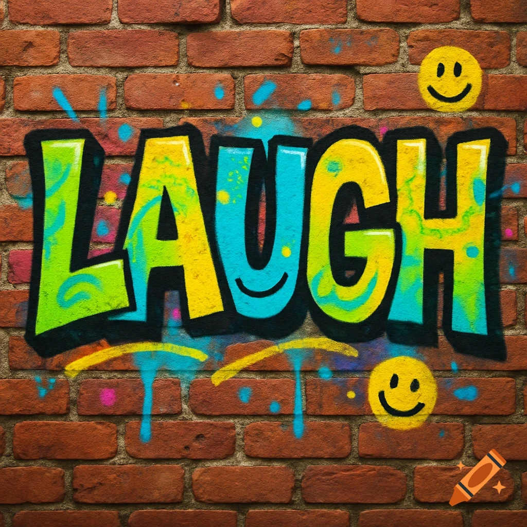 Colorful graffiti spelling LAUGH on a red brick wall with paint ...