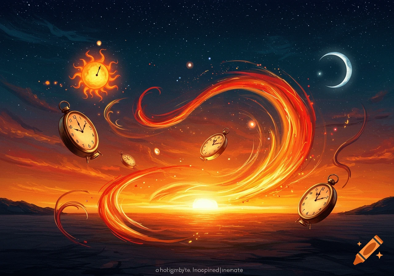 A dreamlike painting of a large hourglass with golden sand, surrounded ...