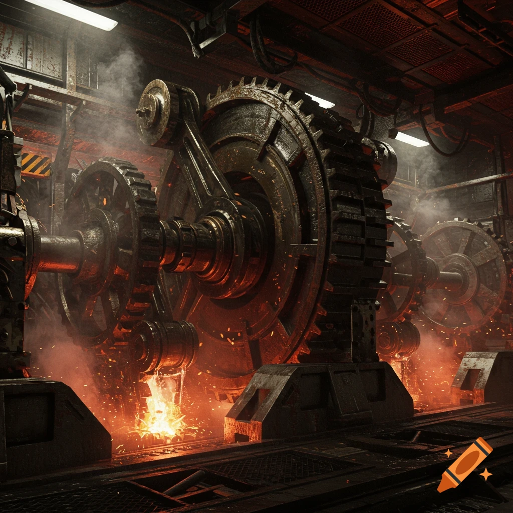 Close-up of industrial machinery with large gears, pouring molten metal ...