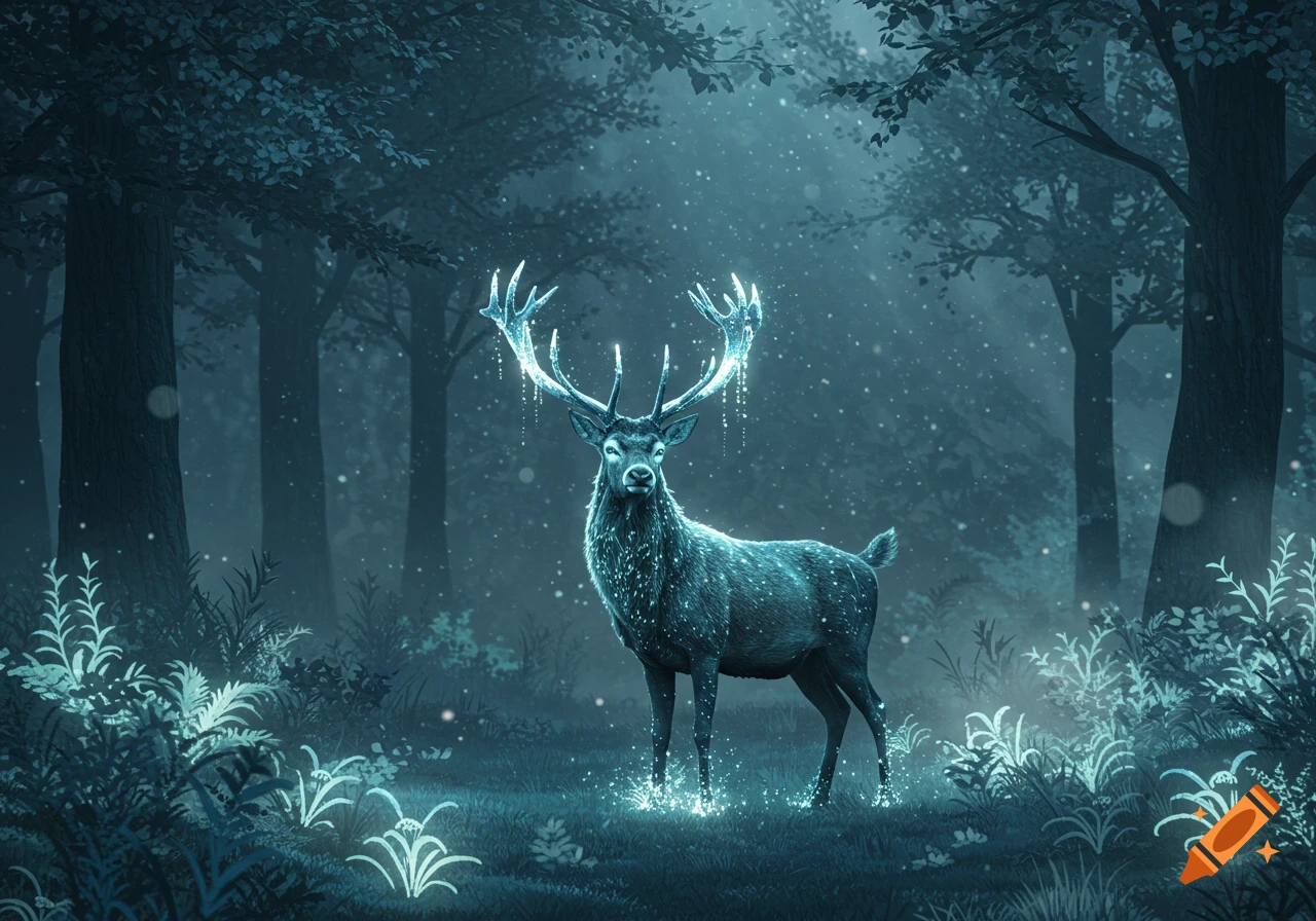 A majestic deer with antlers stands in a magical, dark blue forest with ...