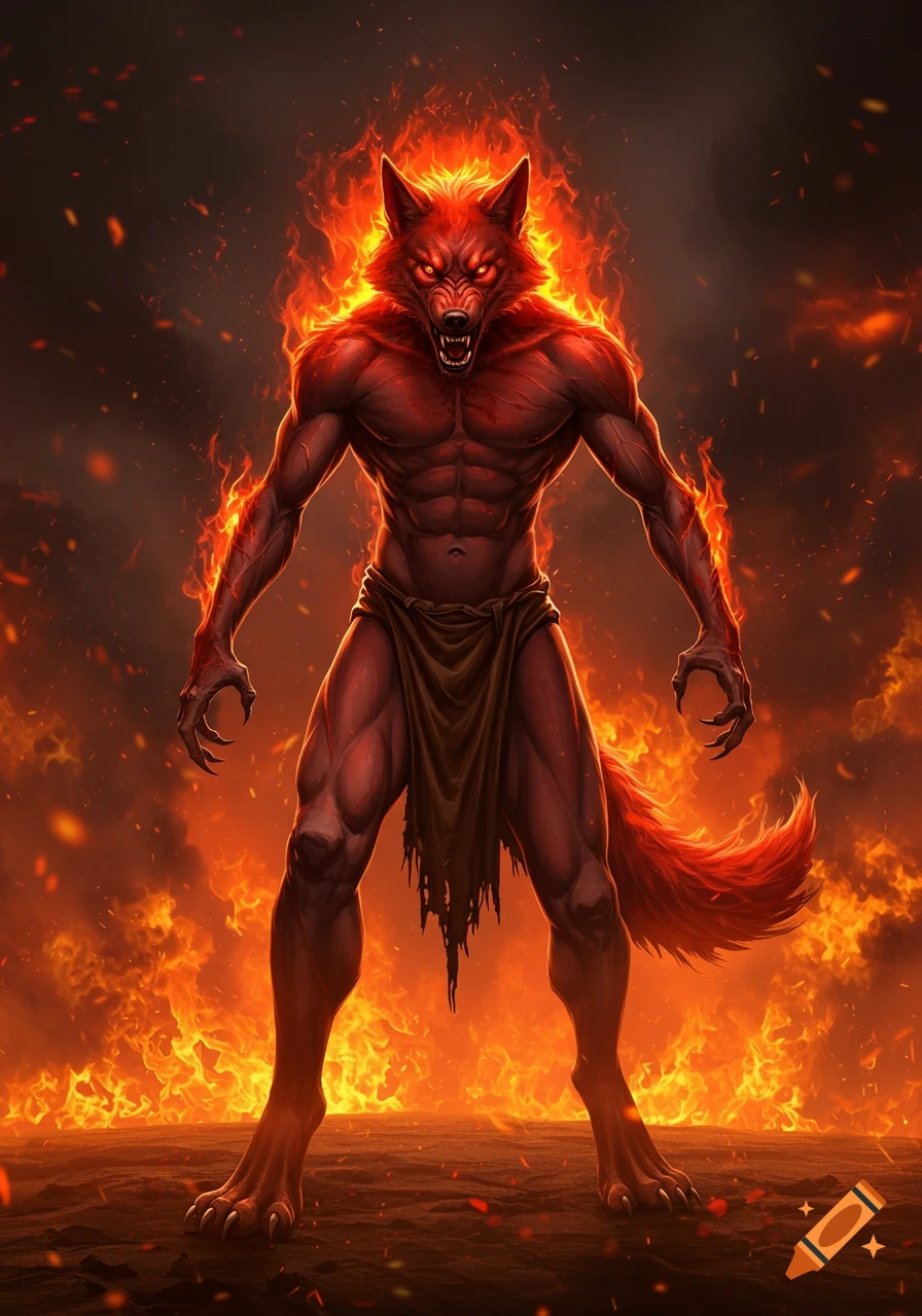 A red, muscular humanoid wolf creature with glowing eyes and fiery fur ...
