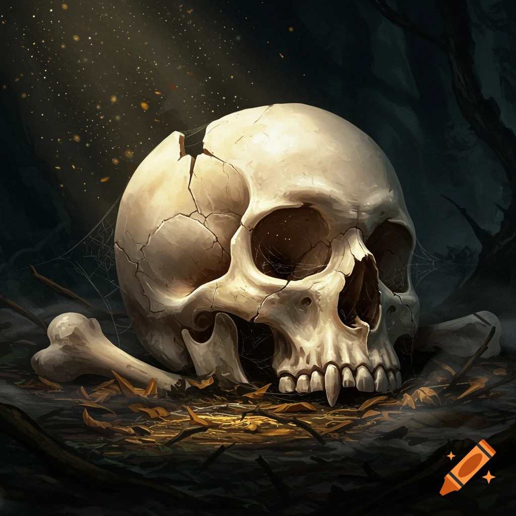 A detailed cracked skull surrounded by thorny vines and bones, lit by ...