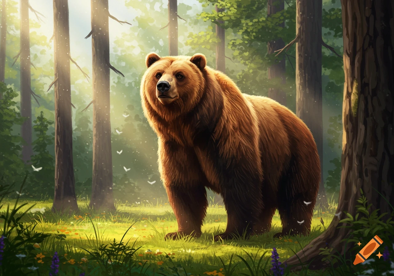 A large brown bear stands in an illustrative forest clearing next to a ...