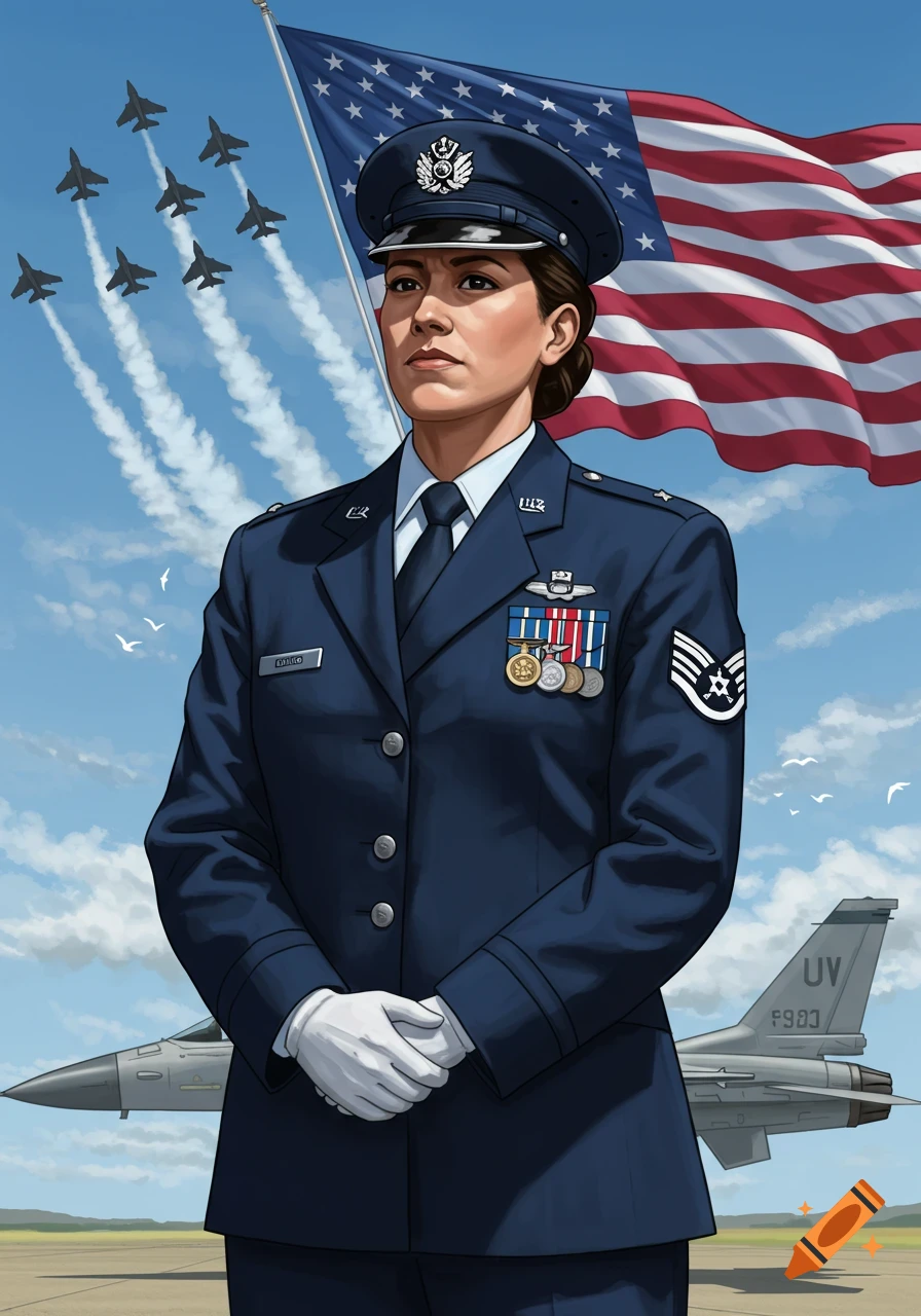 A stylized illustration of an African American soldier in a blue uniform, standing outdoors with ...