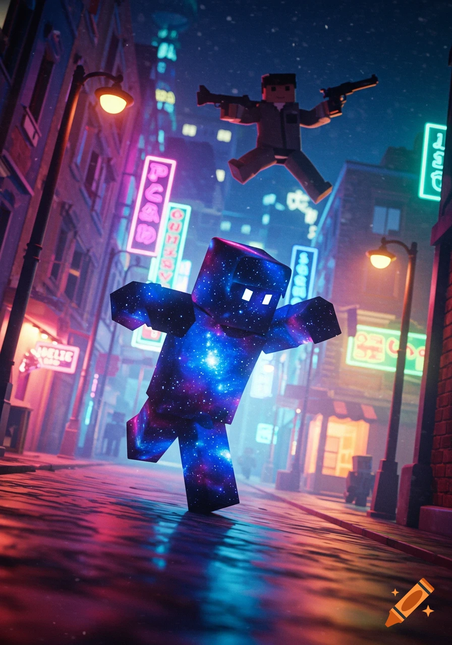 A Roblox-style character jumps rope in a vibrant, pixelated city at ...