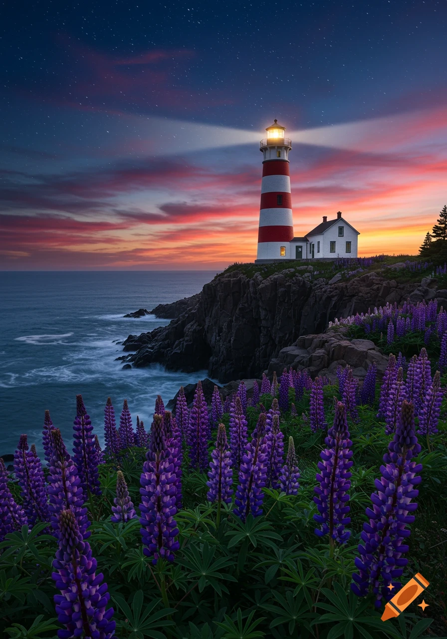 A photorealistic image of a red and white striped lighthouse on a rocky ...