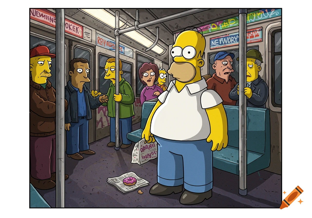 Homer Simpson stands in a crowded subway car, looking dazed, with other ...