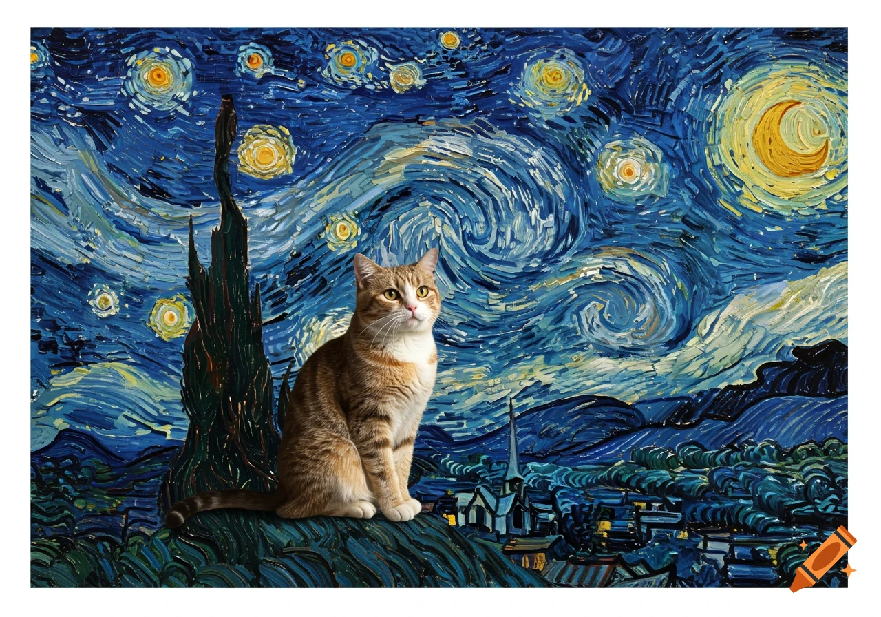 A realistic tabby cat sits in the foreground of a painterly version of Van Gogh's The Starry ...