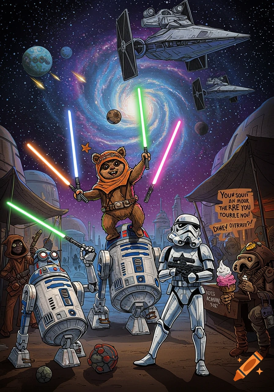 A whimsical Star Wars scene with an Ewok wielding two lightsabers atop ...