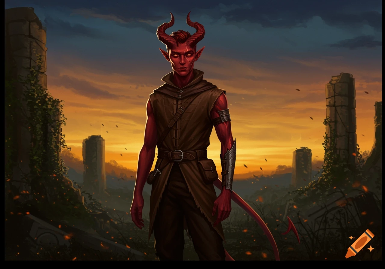 A red-skinned Tiefling character with horns and a tail stands in a ...