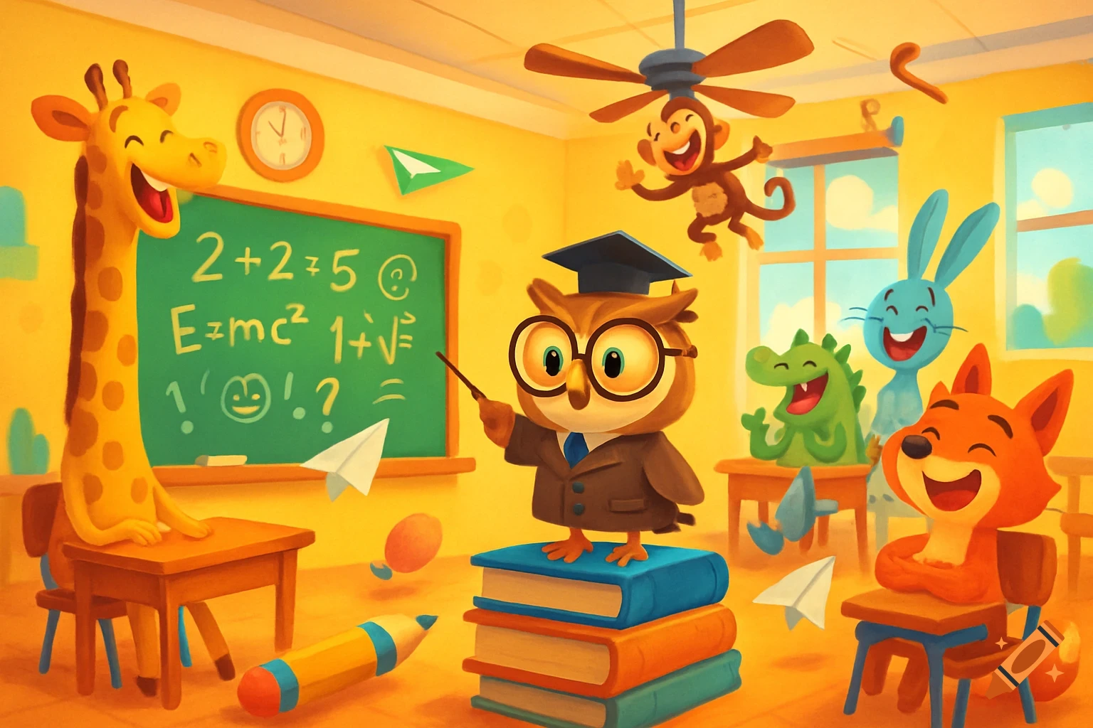 A vibrant cartoon illustration of an owl teacher in a classroom with ...