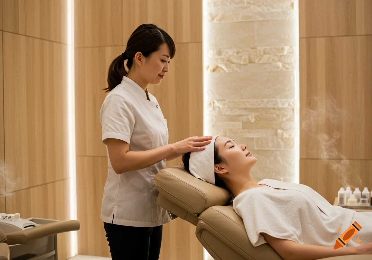 A spa therapist gently massages the forehead of a client lying on a ...